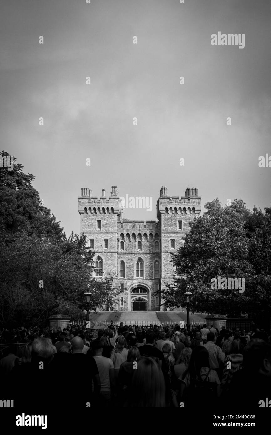 A vertical grayscale of a crowd of people gathered near the royal ...