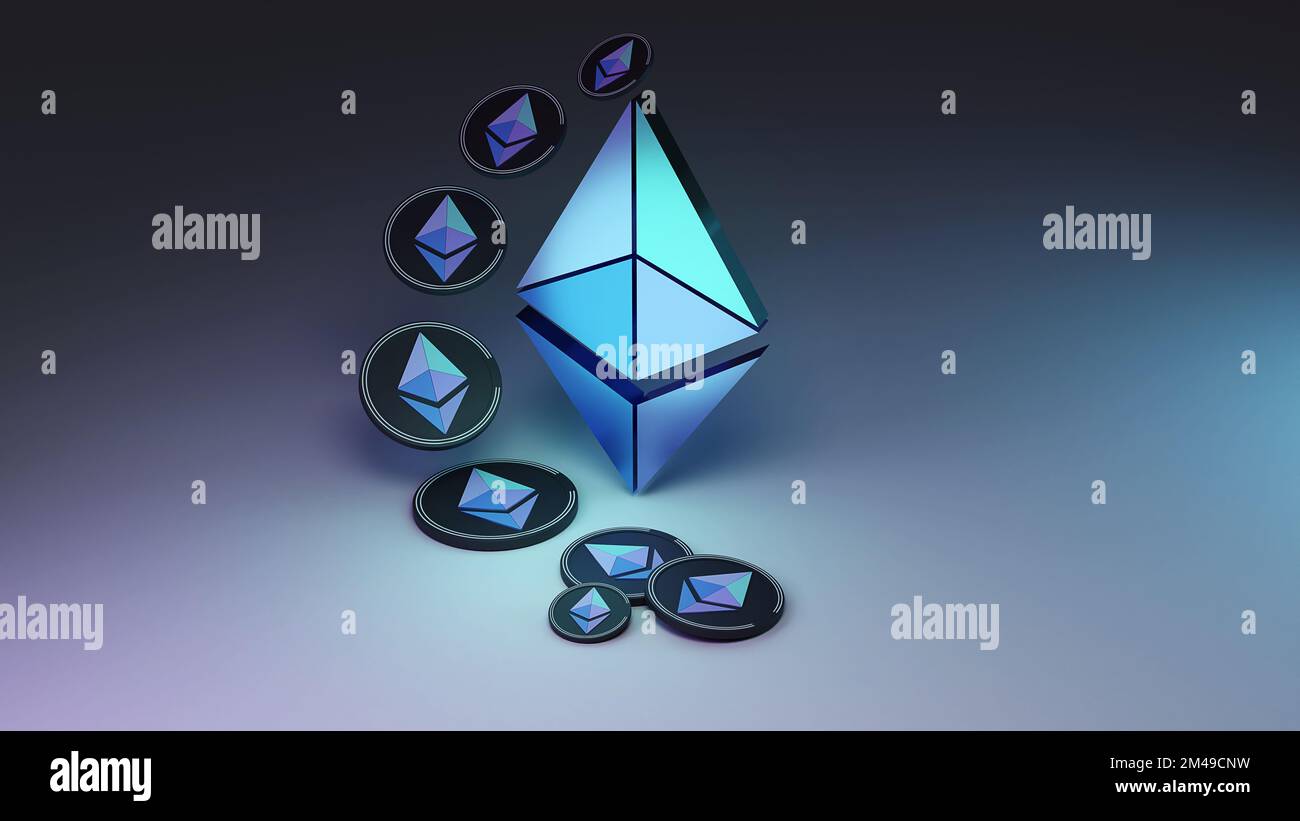 Ethereum. ETH. Logo and ether coins. 3D render. Crypto. Background ...