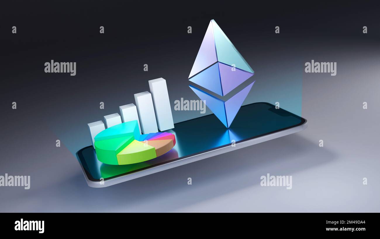 Ethereum. ETH. Logo and ether coins. 3D render. Crypto. Background ...