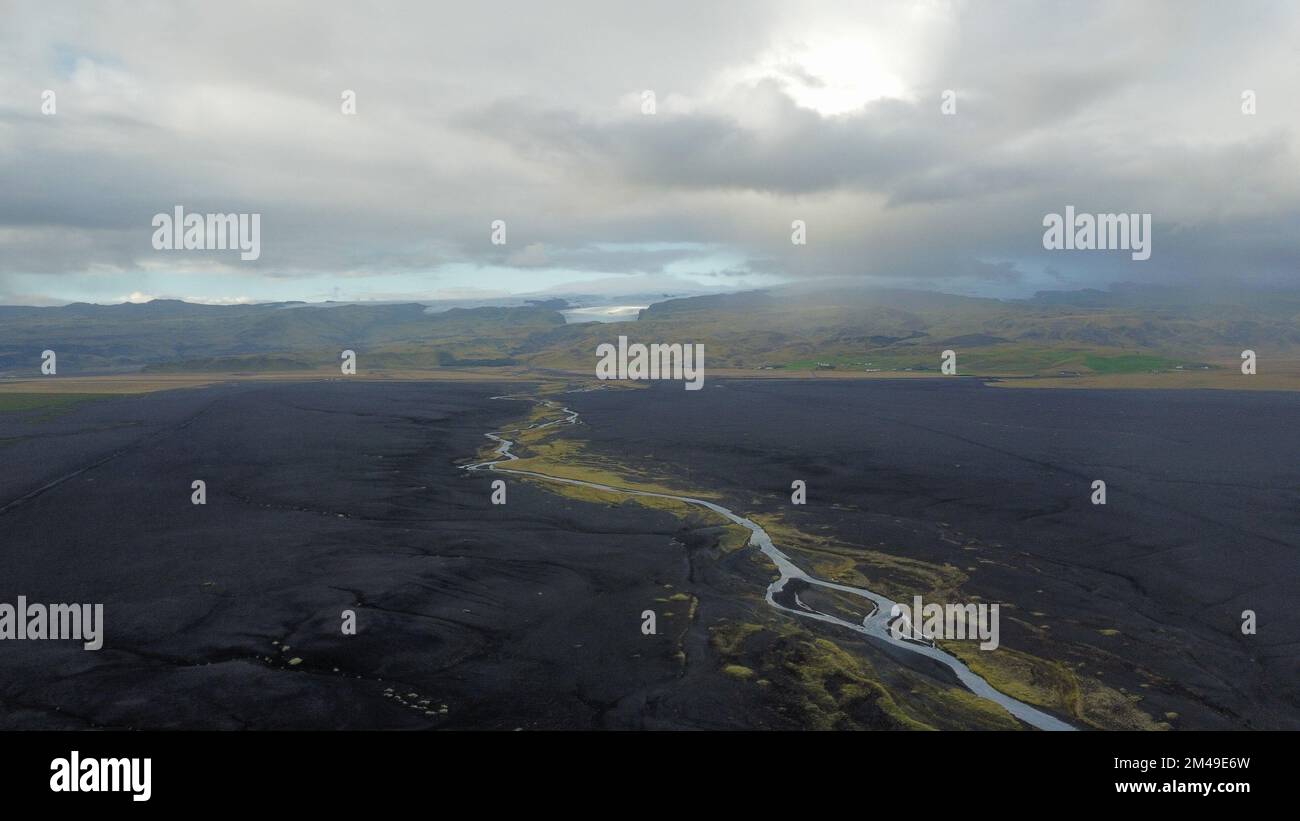 An aerial view fantastic landscapes in Iceland with narrow river and ...
