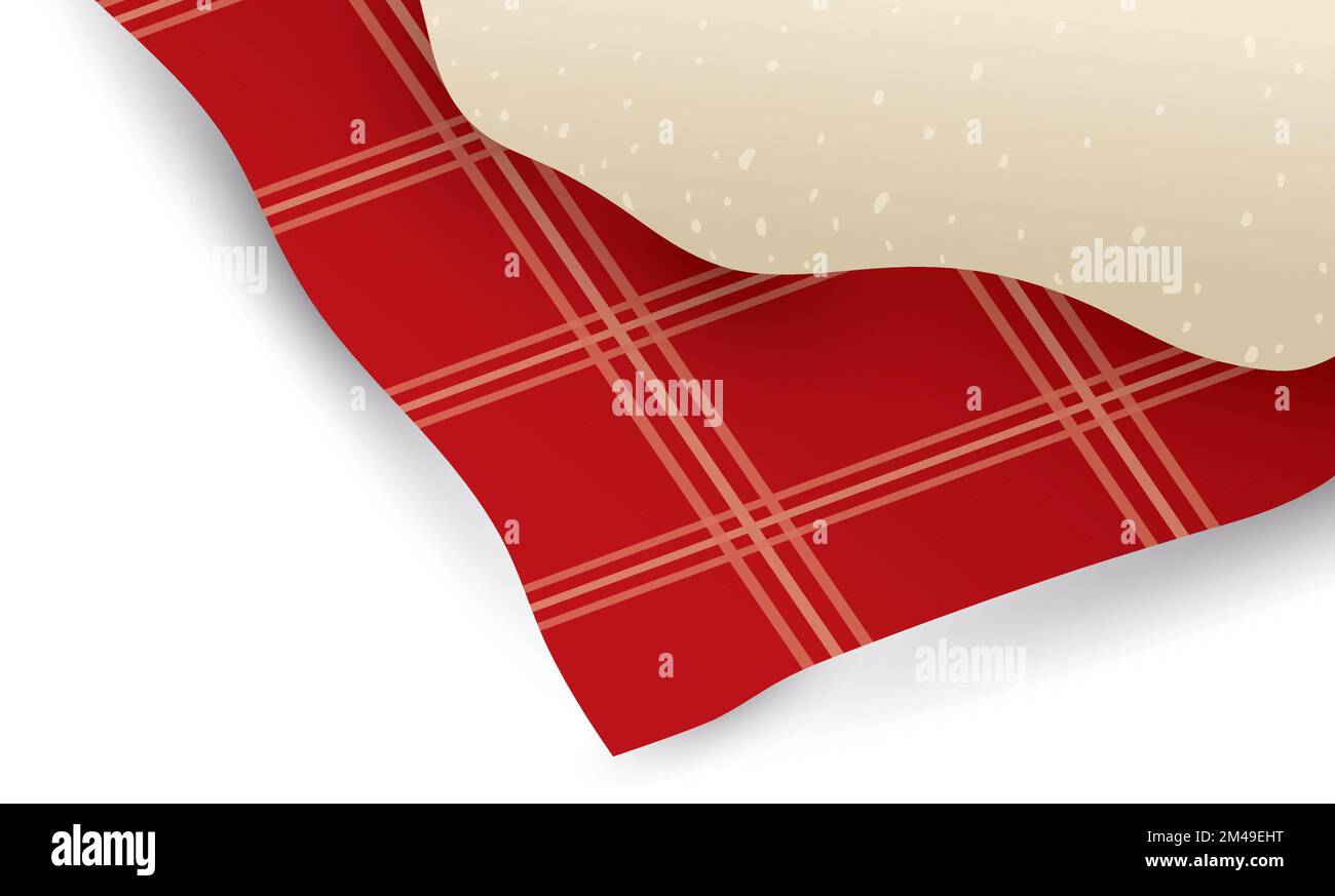 View with raw puff pastry resting in a piece of red cloth with square ...