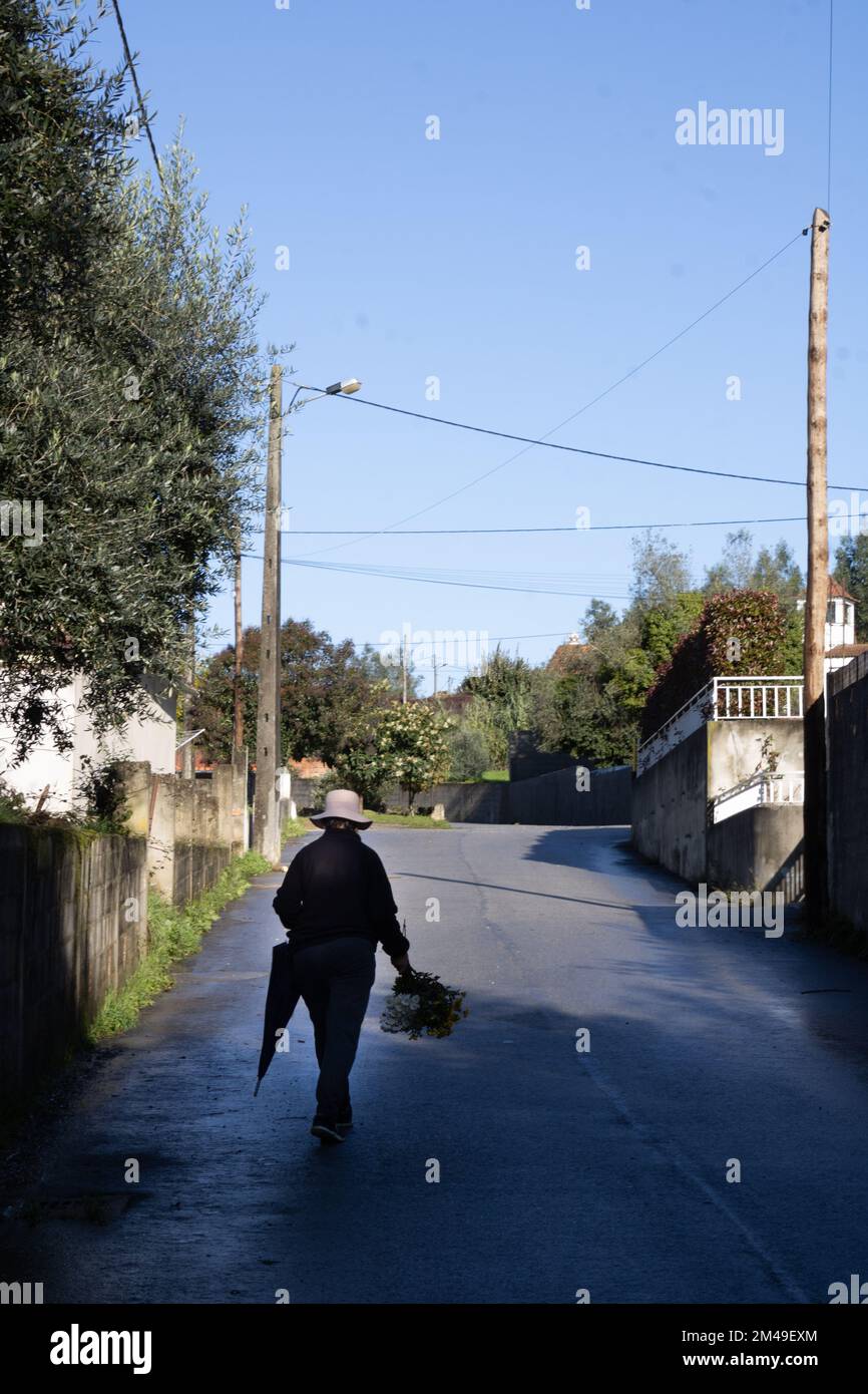 A vertical back view of an elderly female walking across the road Stock ...
