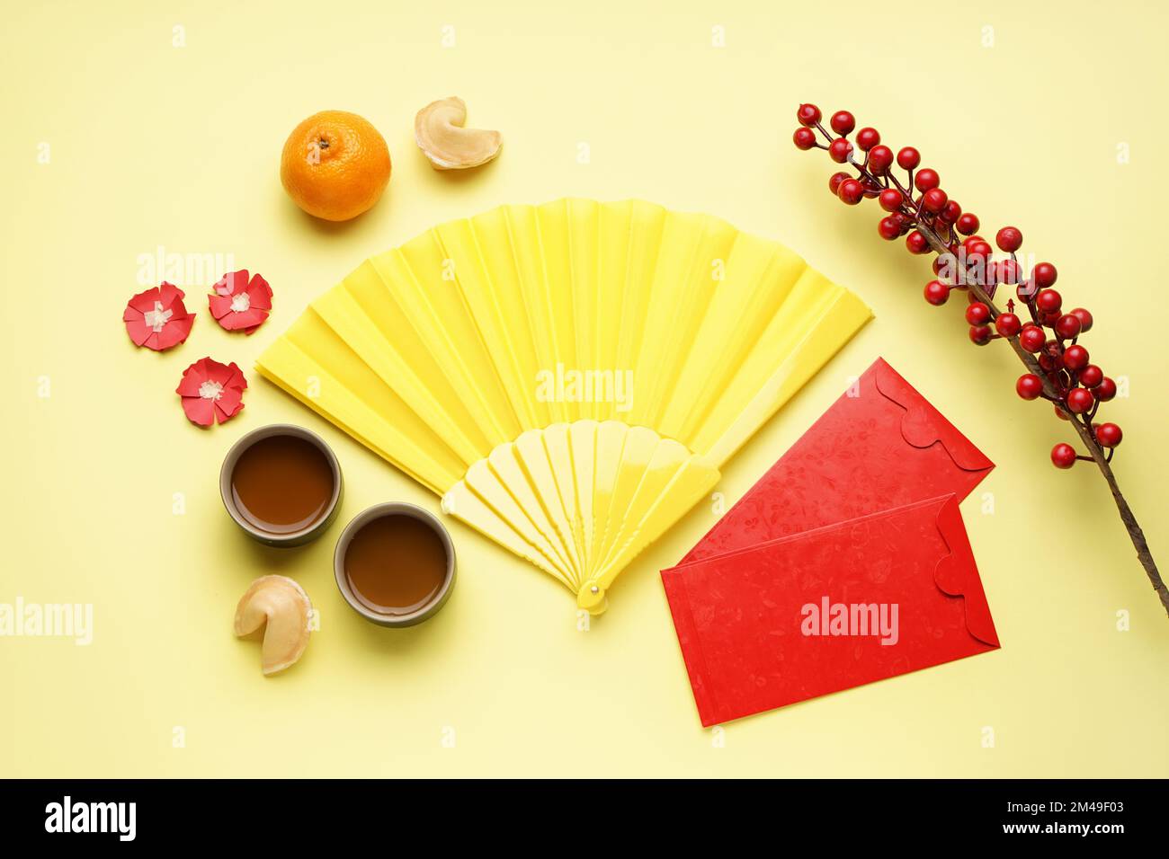Envelopes, cups of tea, fortune cookies, mandarin and Chinese symbols ...