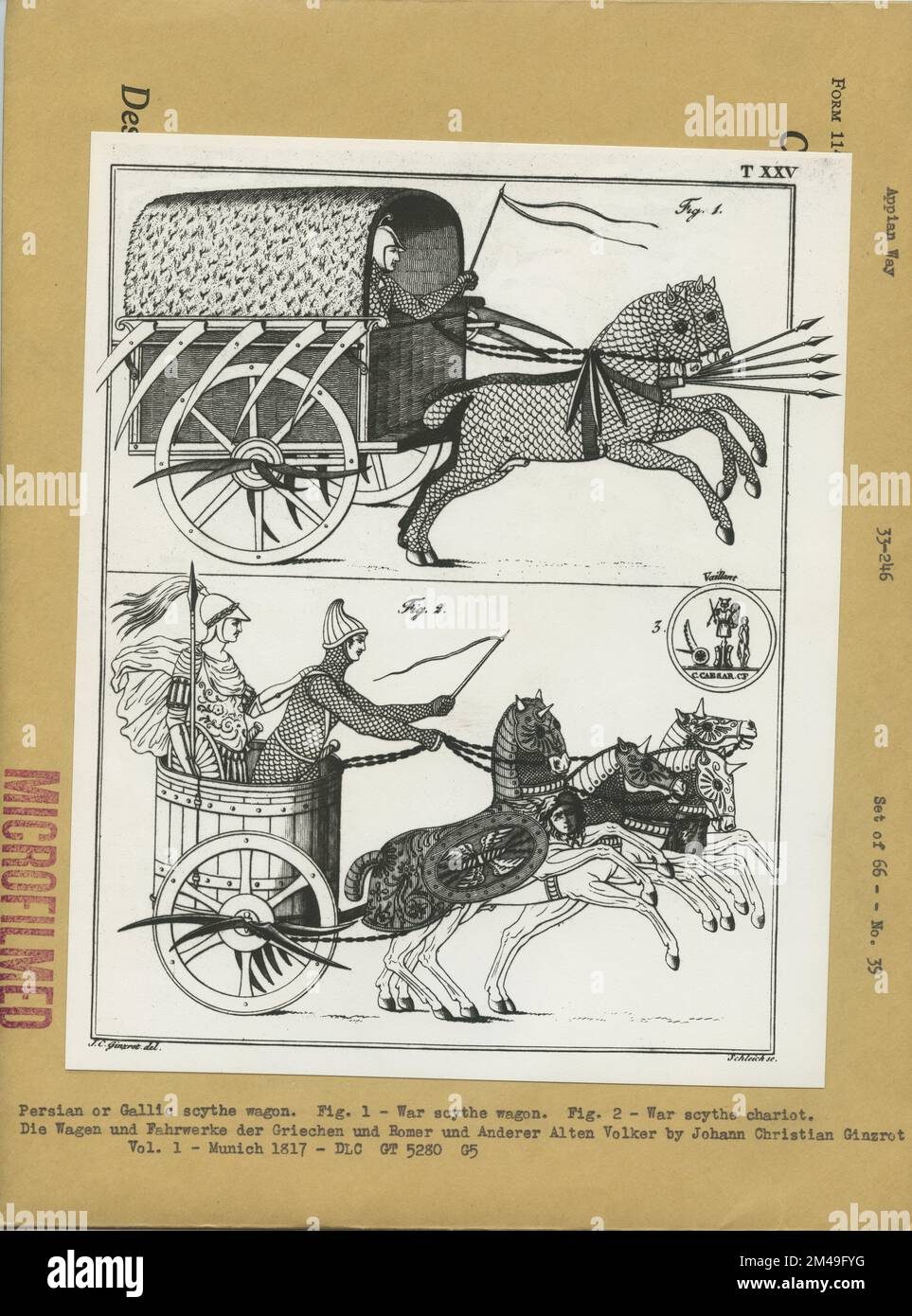 Persian or Gallic Scythe Wagon and Chariot. Original caption: Persian or Gallic scythe wagon and ...