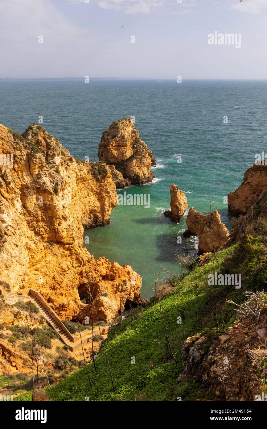 Dramatic view of a rugged Atlantic ocean coastline in Portugal Algarve ...