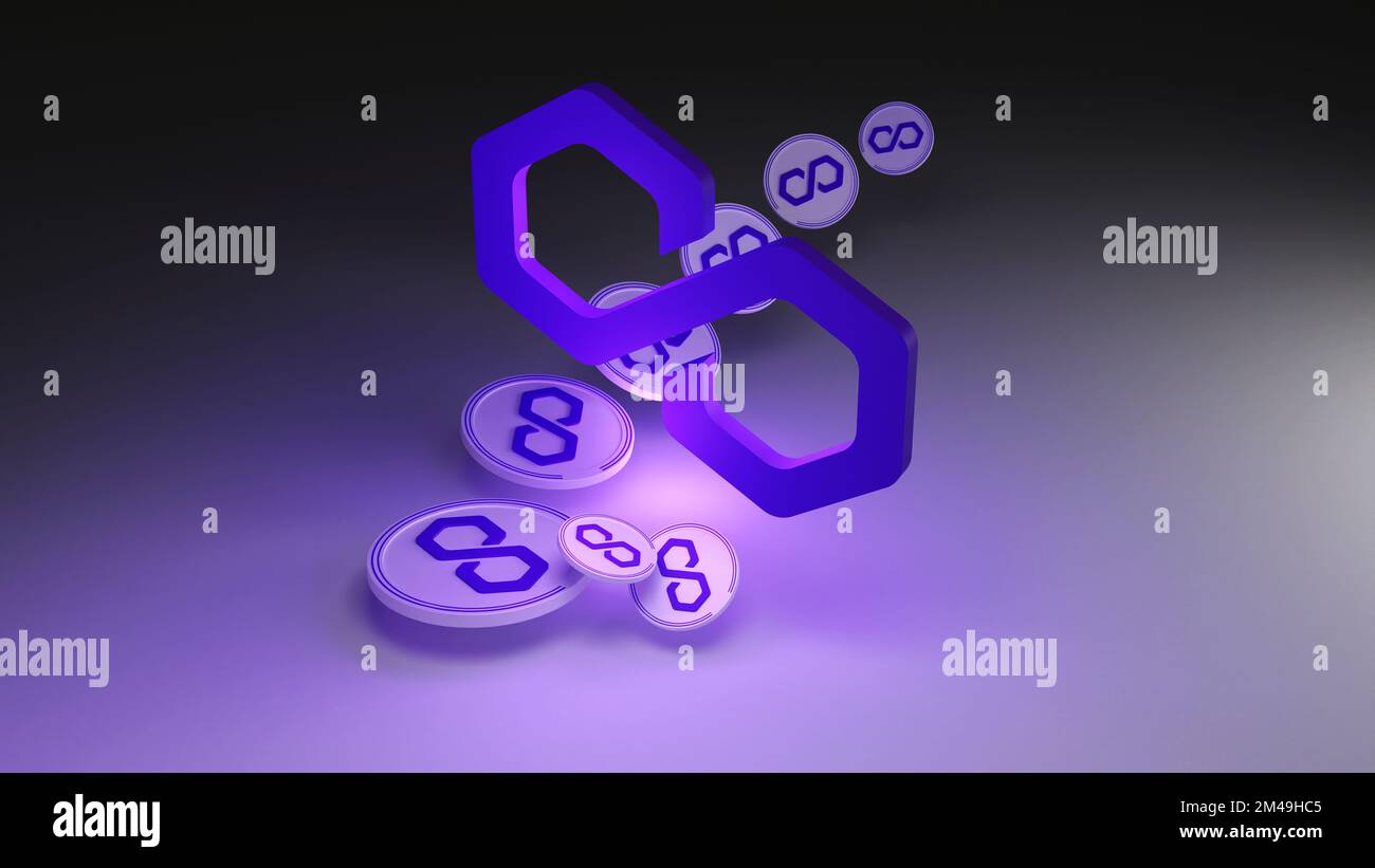 Polygon logo and coins on dark background with shiny details Stock ...