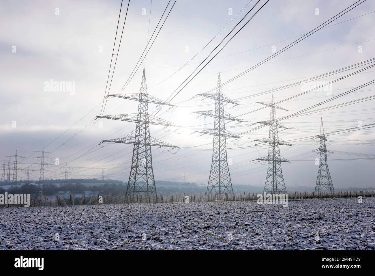 High-voltage pylons, overhead lines, power lines, winter, snow, Baden ...