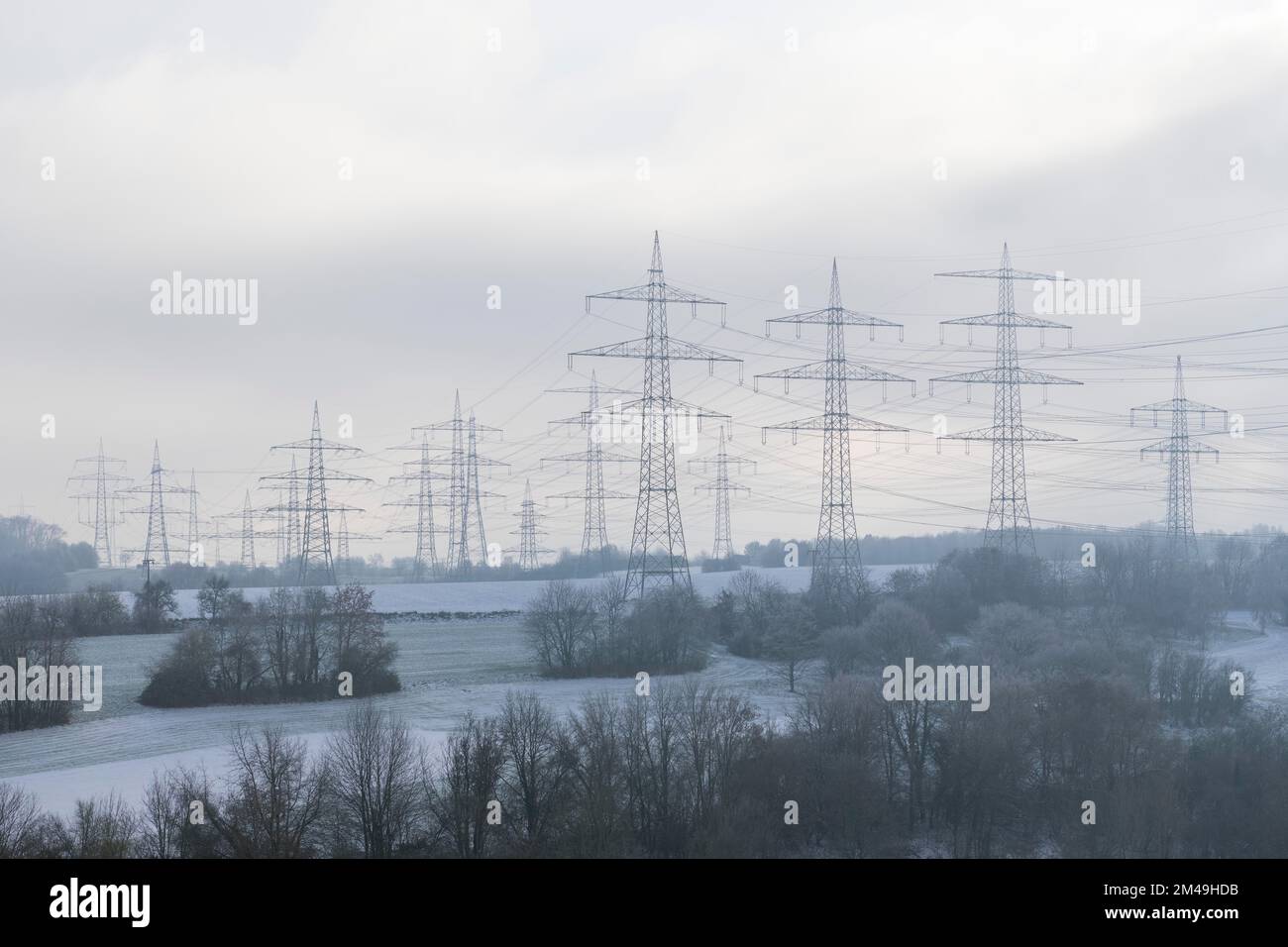 High-voltage pylons, overhead lines, power lines, winter, snow, Baden ...