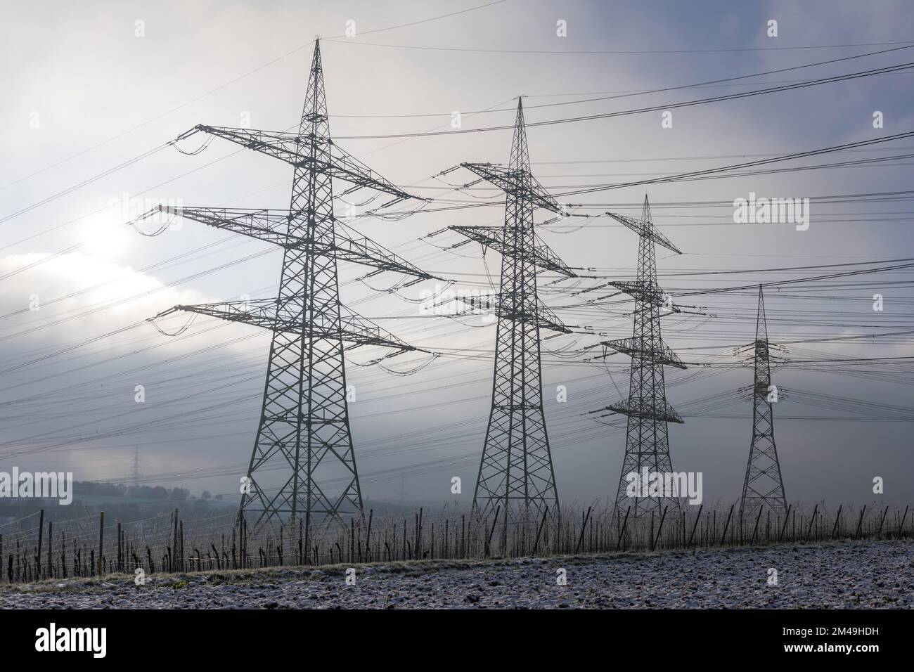 High-voltage pylons, overhead lines, power lines, winter, snow, Baden ...