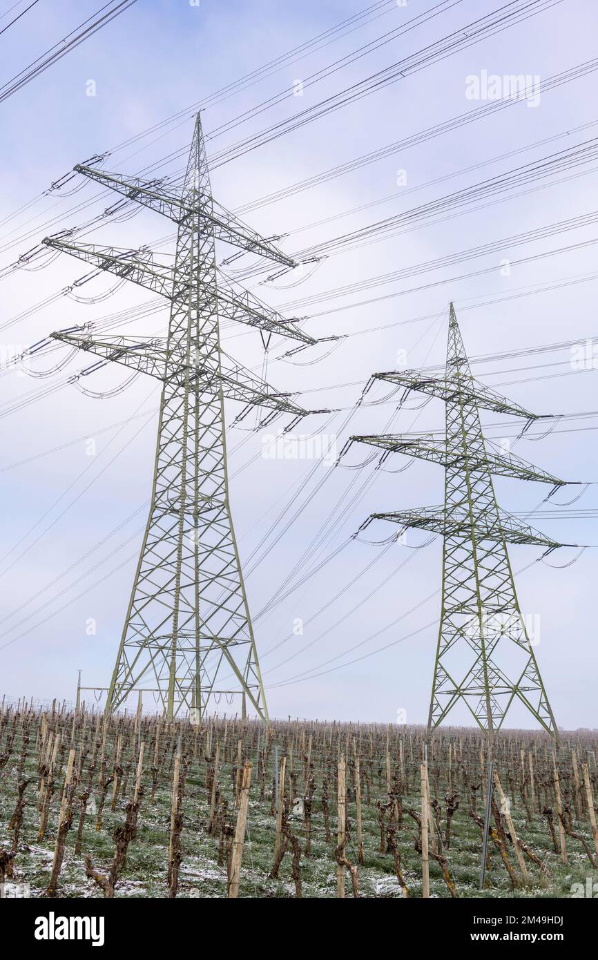 High-voltage pylons, overhead lines, power lines, winter, snow, Baden ...