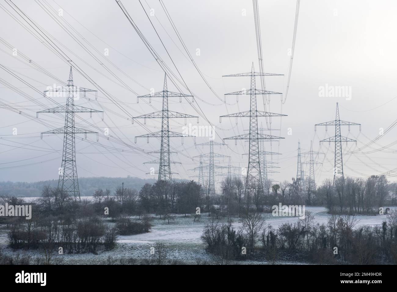 High-voltage pylons, overhead lines, power lines, winter, snow, Baden ...