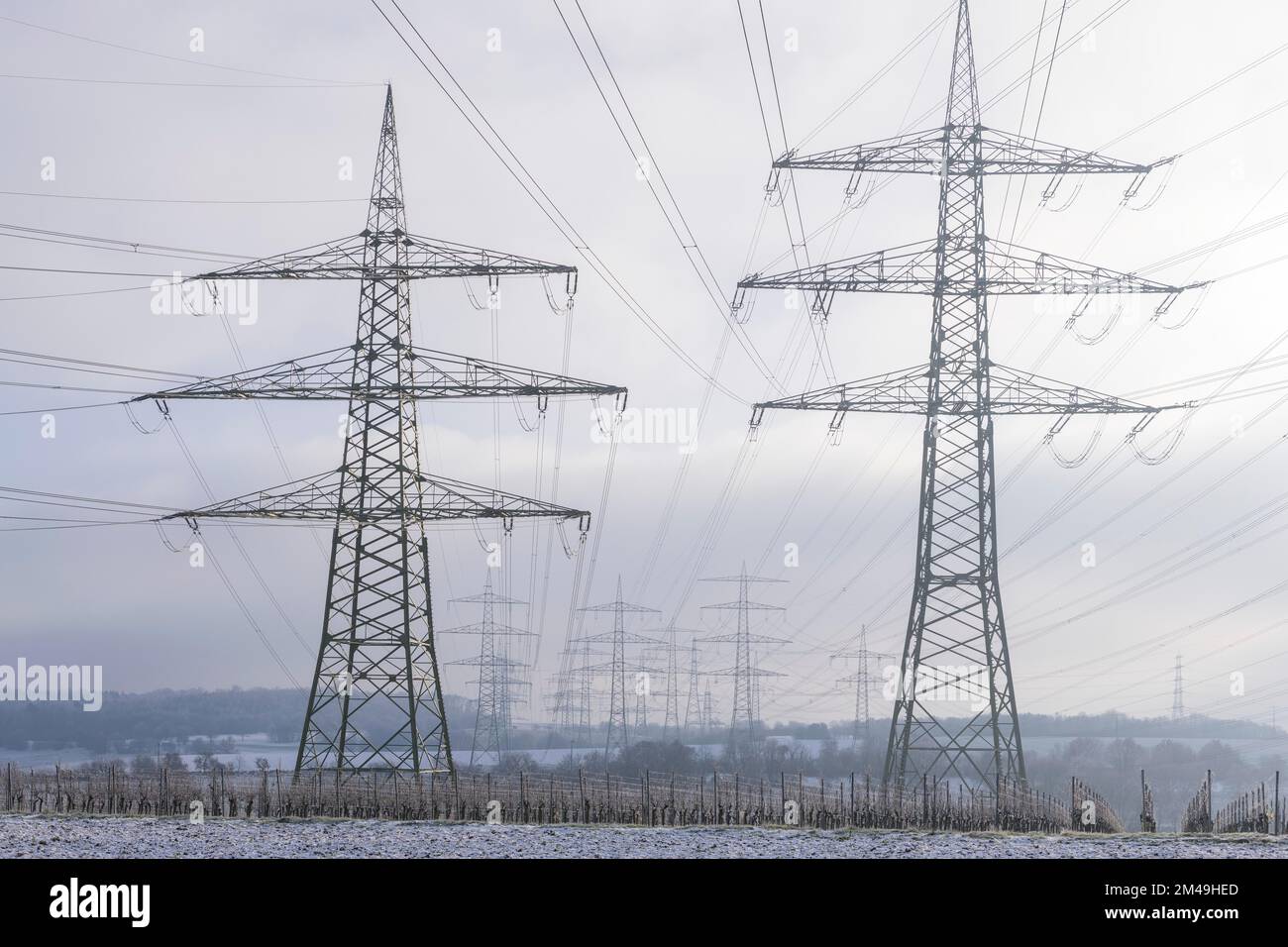 High-voltage pylons, overhead lines, power lines, winter, snow, Baden ...