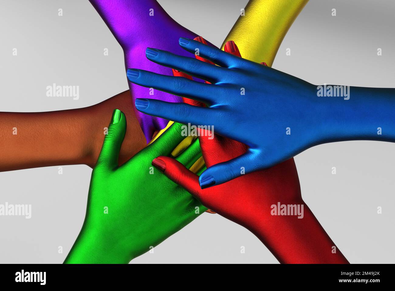 Multi-colored female hands on top of each other as a team. 3d ...