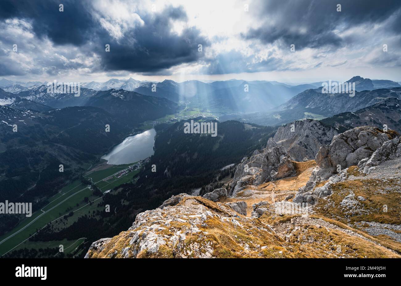 View of Lake Halder and the Allgaeu Alps, from the Rote Flueh summit ...