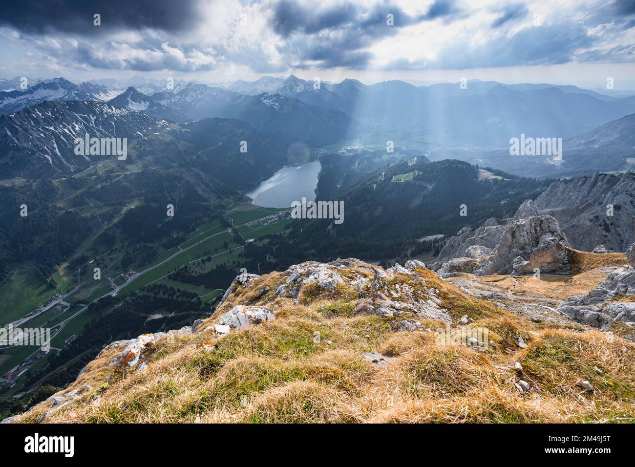 View of Lake Halder and the Allgaeu Alps, from the Rote Flueh summit ...