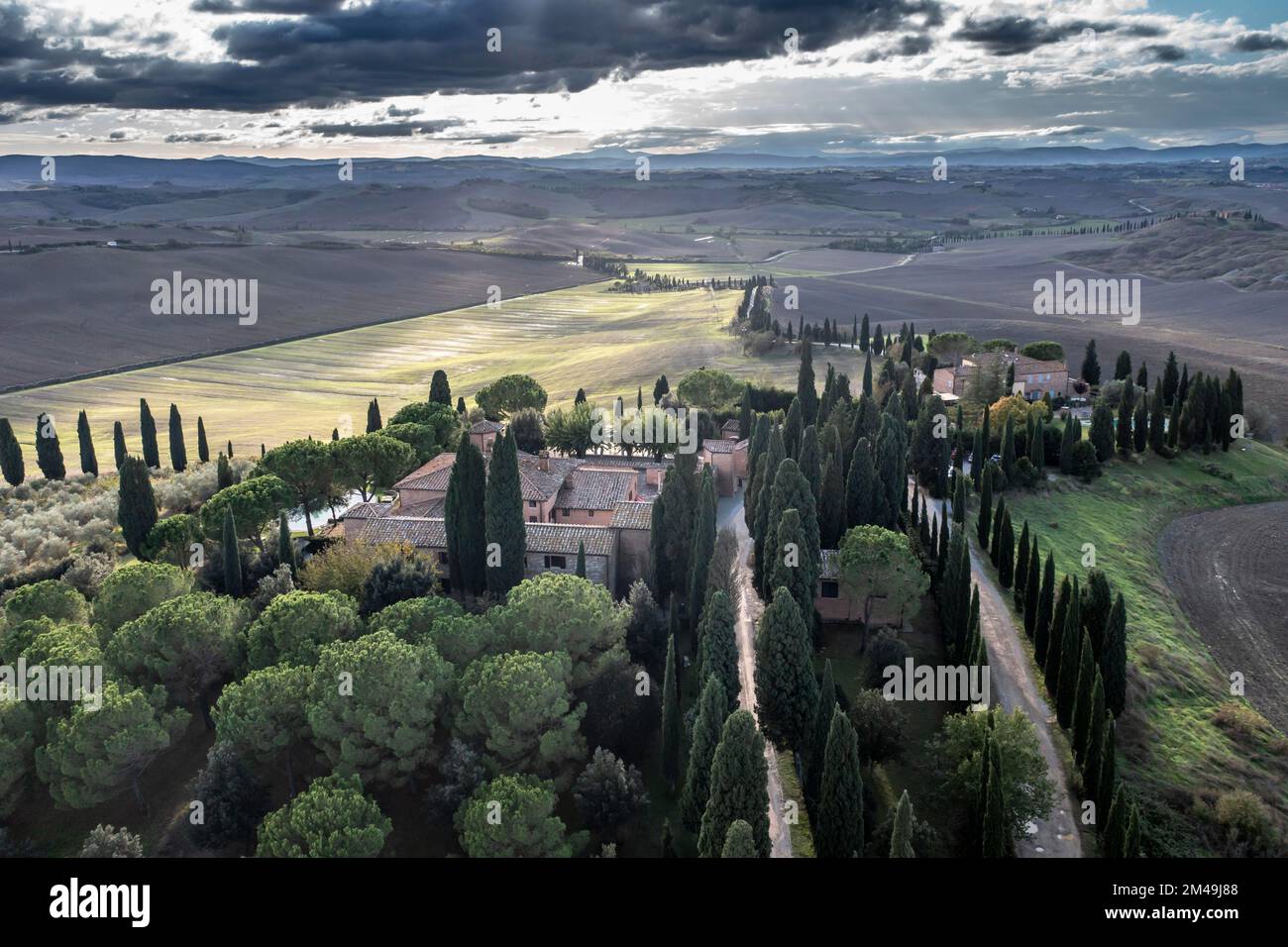 Aerial view, Castello di Leonina, country estate with cypresses, Val d ...