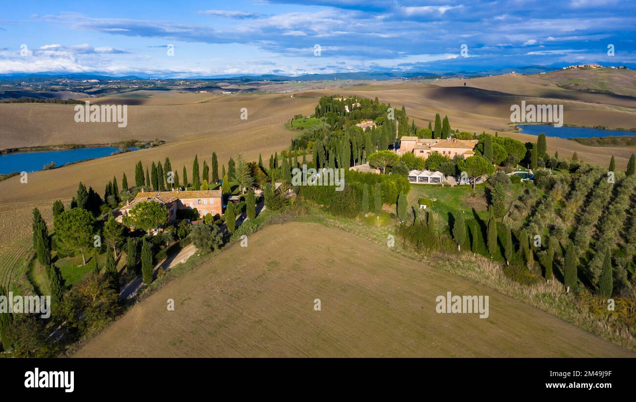 Aerial view, Italy, Tuscany, Region of Siena, Montalcino, Val d'Orcia ...