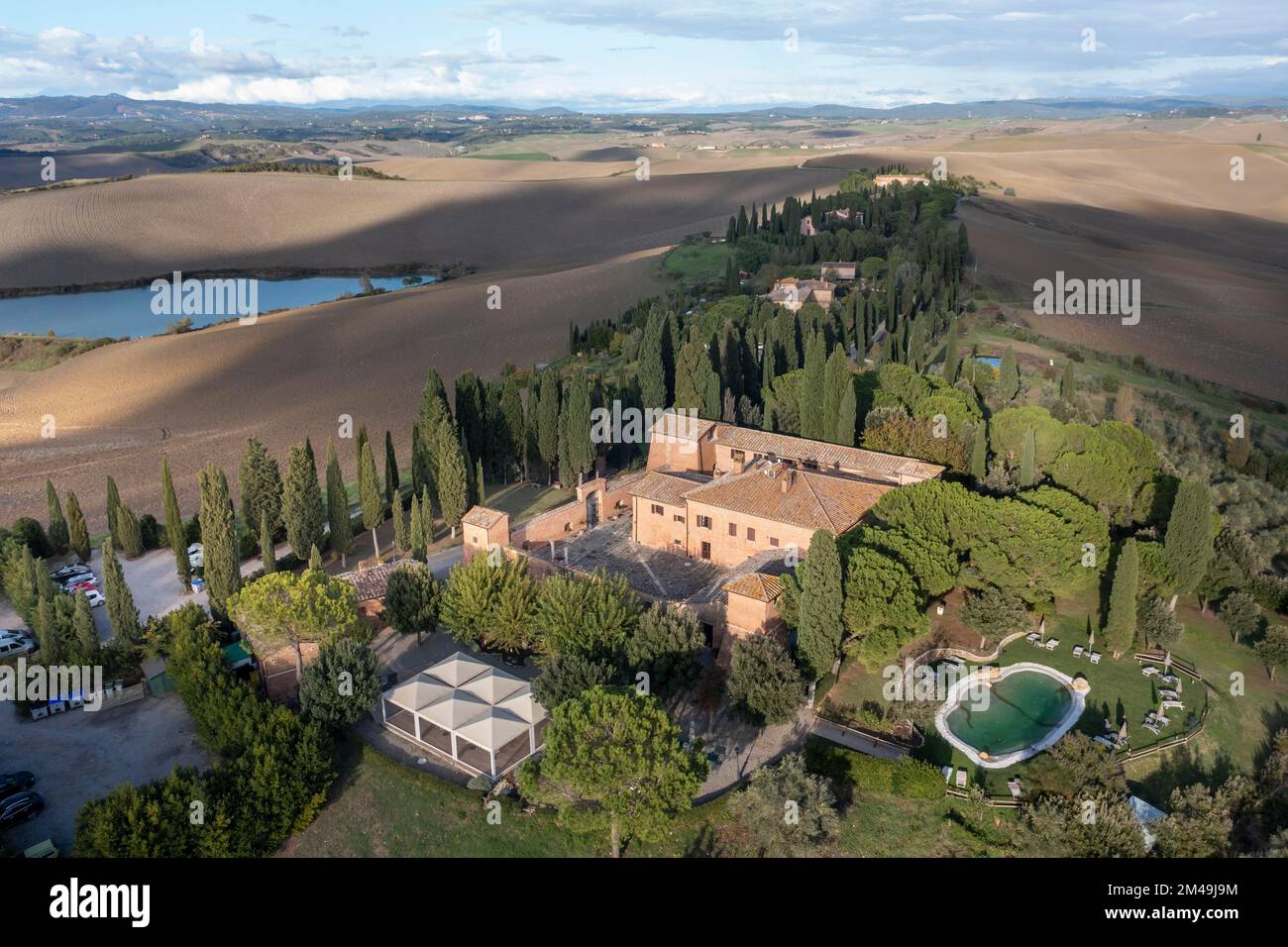 Aerial view, Italy, Tuscany, Region of Siena, Montalcino, Val d'Orcia ...