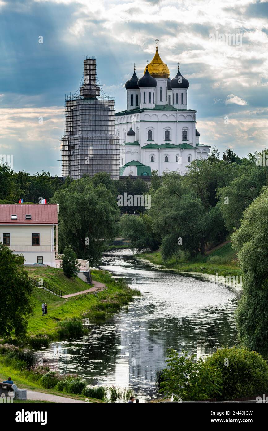Aerial of the kremlin and Trinity Cathedral in Pskov of the Unesco site ...