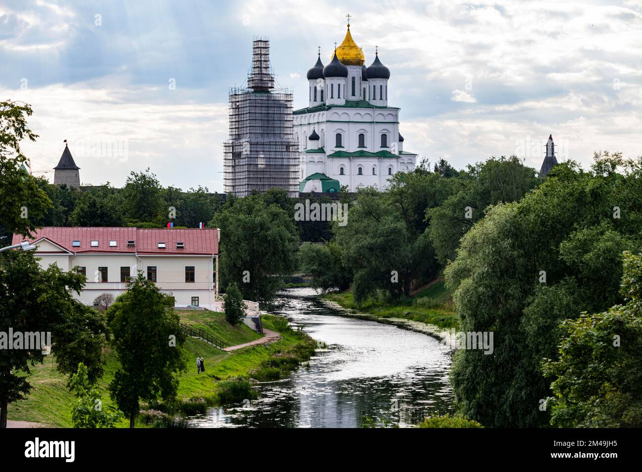 Aerial of the kremlin and Trinity Cathedral in Pskov of the Unesco site ...