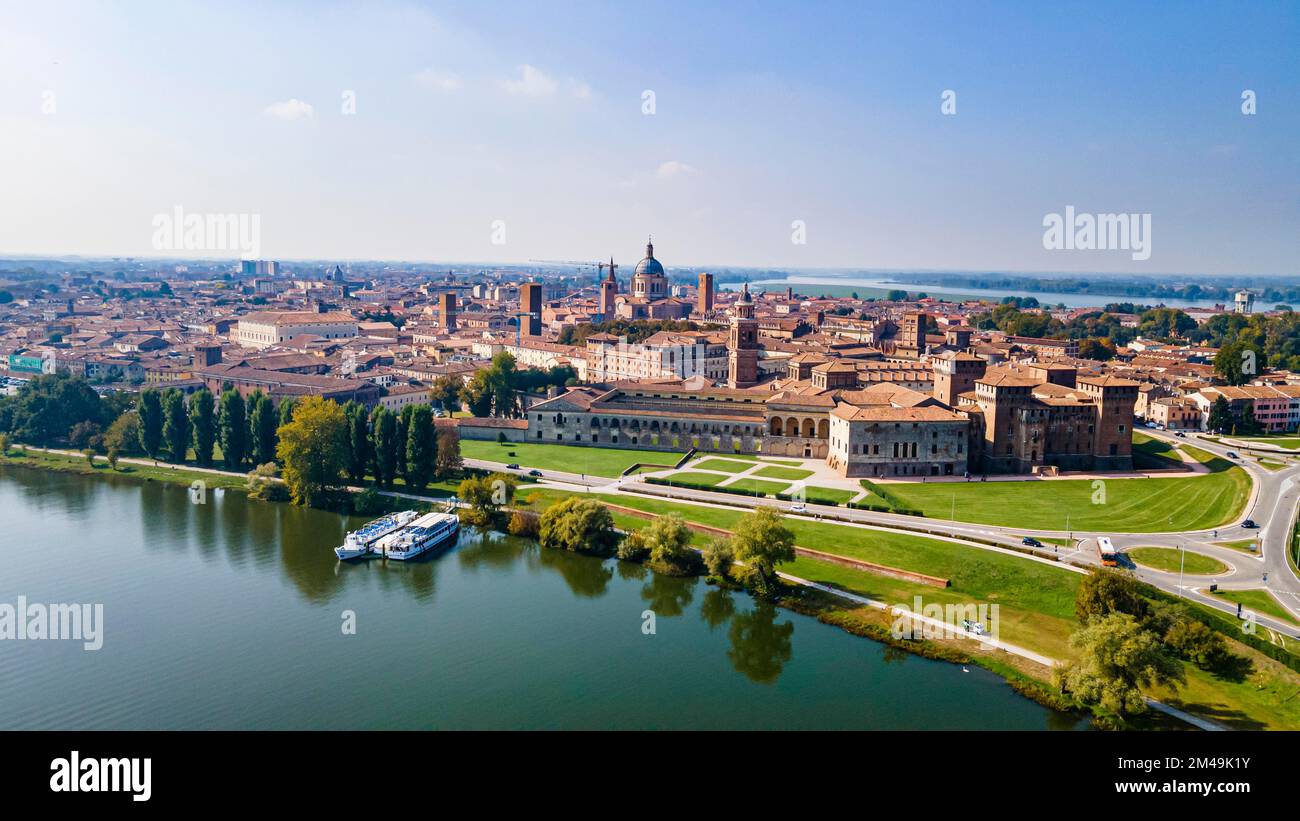 Aerial of the Unesco world heritage site the city of Mantua, Italy ...