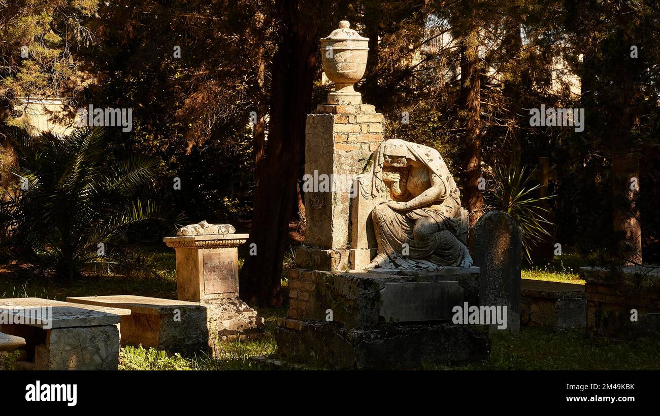 Old stone tomb, Madonna figure, trees, Old British Cemetery, Corfu Town ...