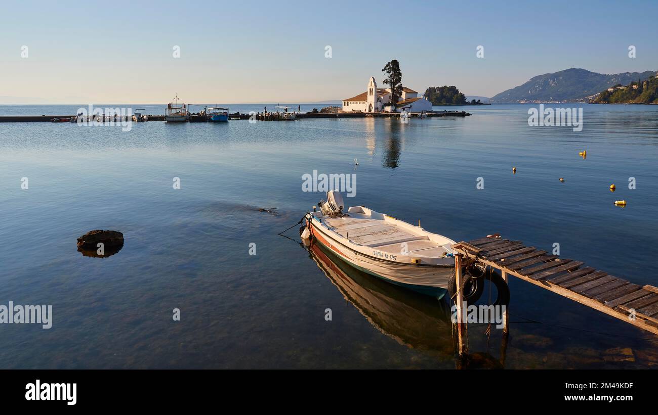 Super wide angle, boat on jetty, buoys, morning light, white monastery ...