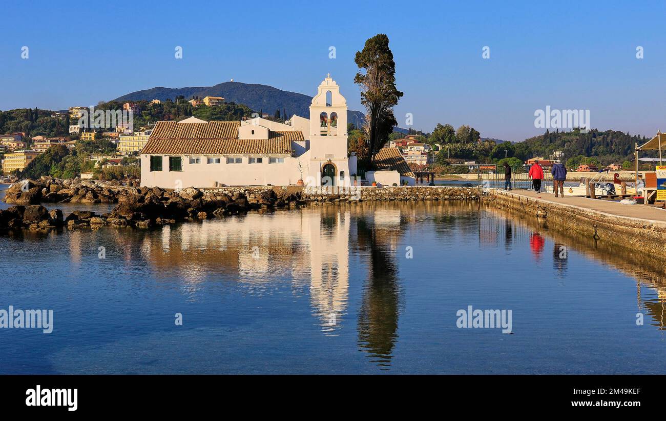 Morning light, white monastery building, church tower, church tower ...