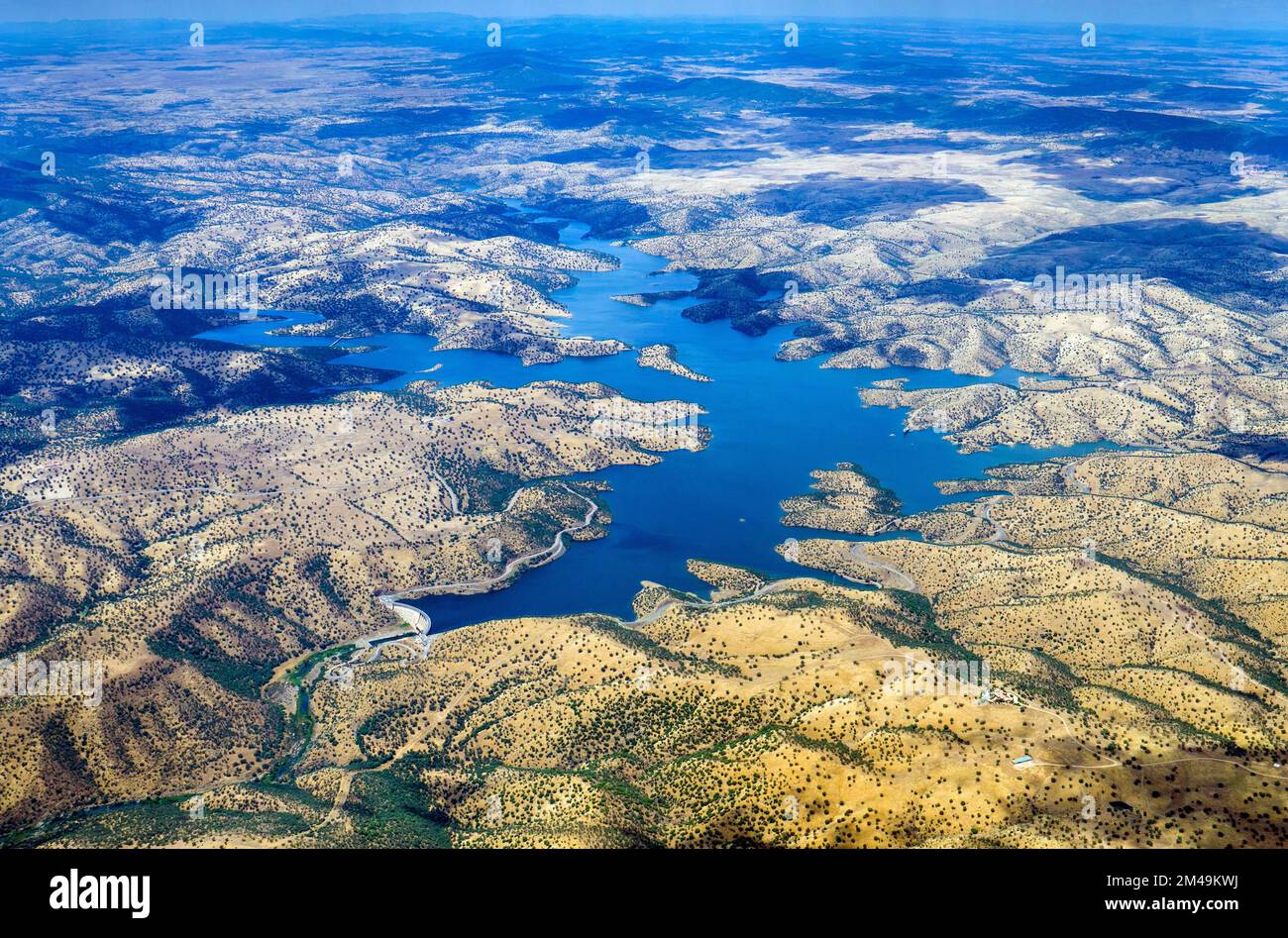 Aerial view of the Embalse de Montoro 1 reservoir in the Sierra Madrona ...