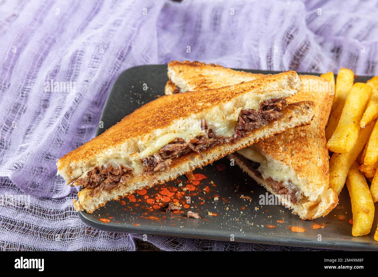 Club Toast with Cheddar Cheese. Melted Cheese Toast Sandwich and Roast ...