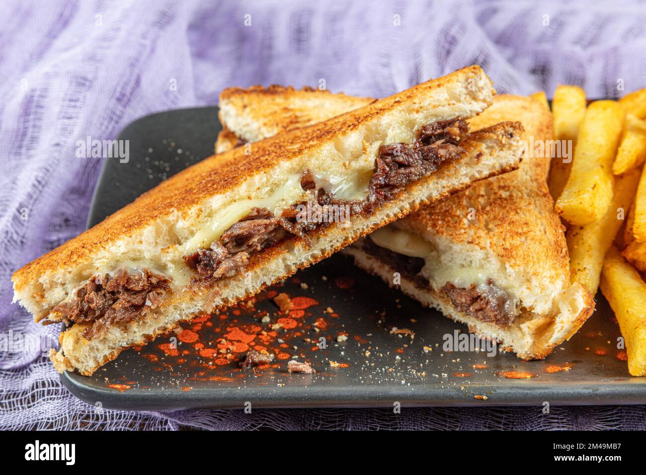 Club Toast with Cheddar Cheese. Melted Cheese Toast Sandwich and Roast ...