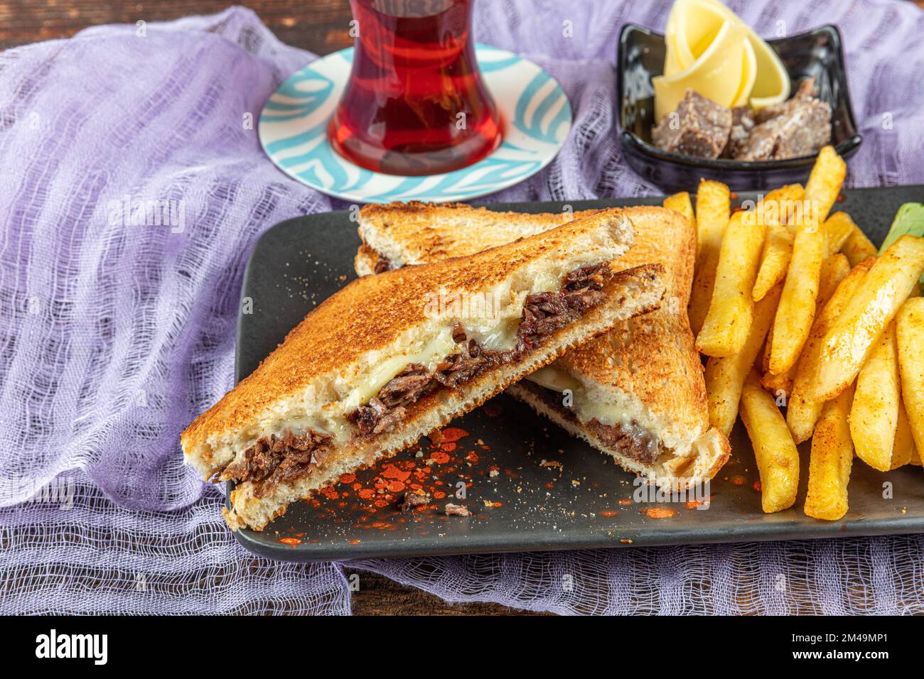 Club Toast with Cheddar Cheese. Melted Cheese Toast Sandwich and Roast ...