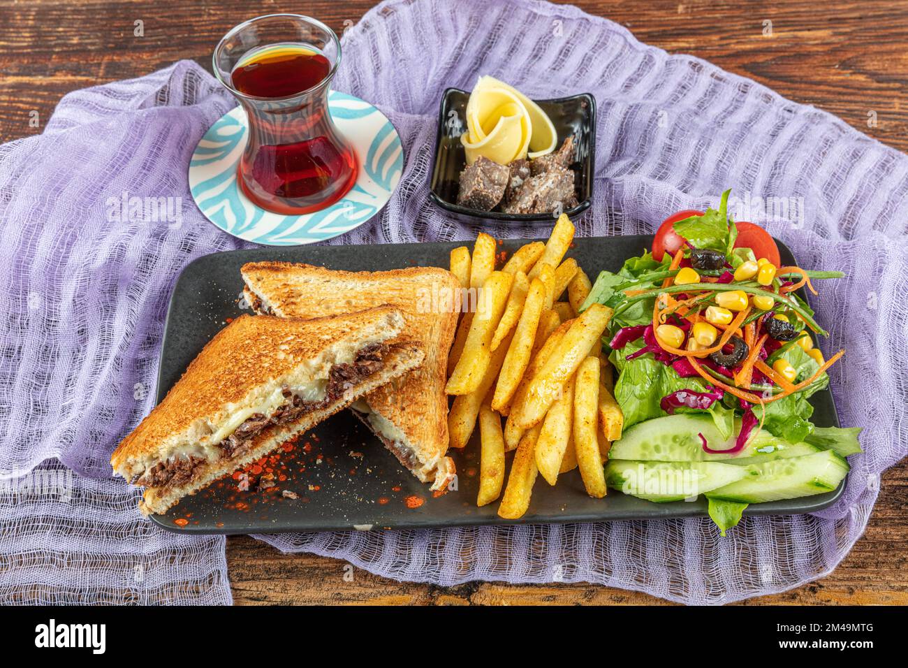 Club Toast with Cheddar Cheese. Melted Cheese Toast Sandwich and Roast ...