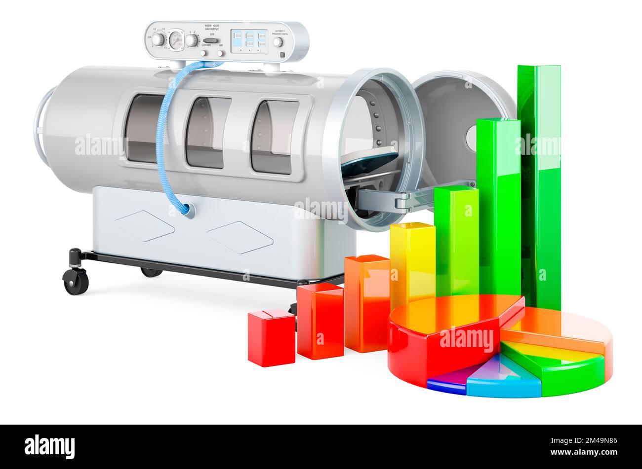 Diving chamber with growth bar graph and pie chart, 3D rendering ...
