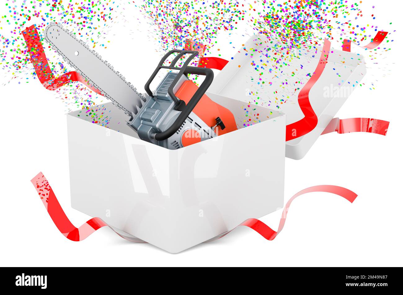 Chainsaw inside gift box. 3D rendering isolated on white background ...
