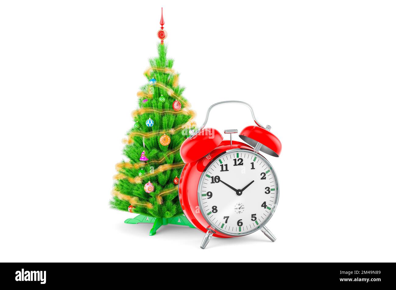 Christmas tree with alarm clock, 3D rendering isolated on white ...