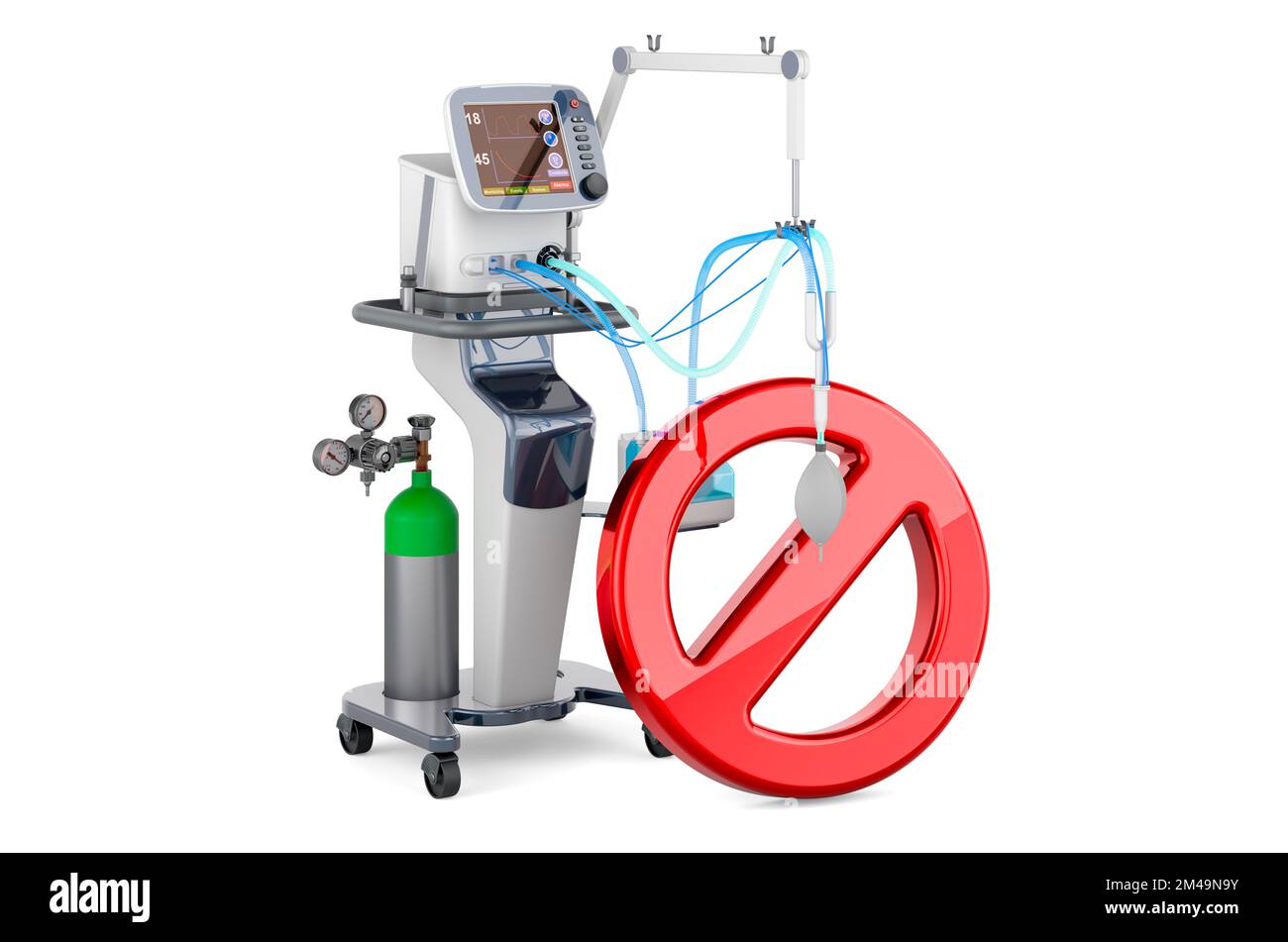 Medical ventilator with Forbidden Sign, 3D rendering isolated on white ...