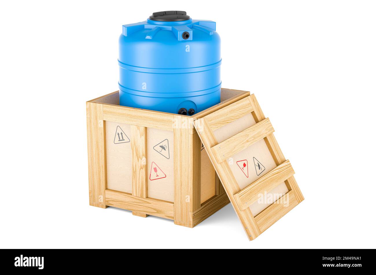 Water tank inside wooden box, delivery concept. 3D rendering isolated ...