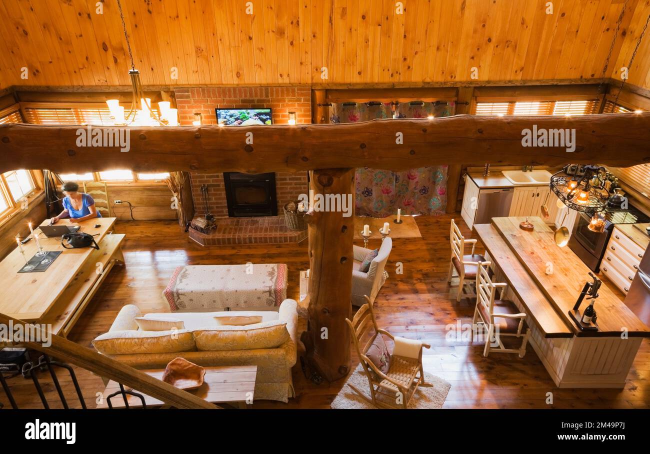 High angle view of ground floor open concept dining, living room and ...