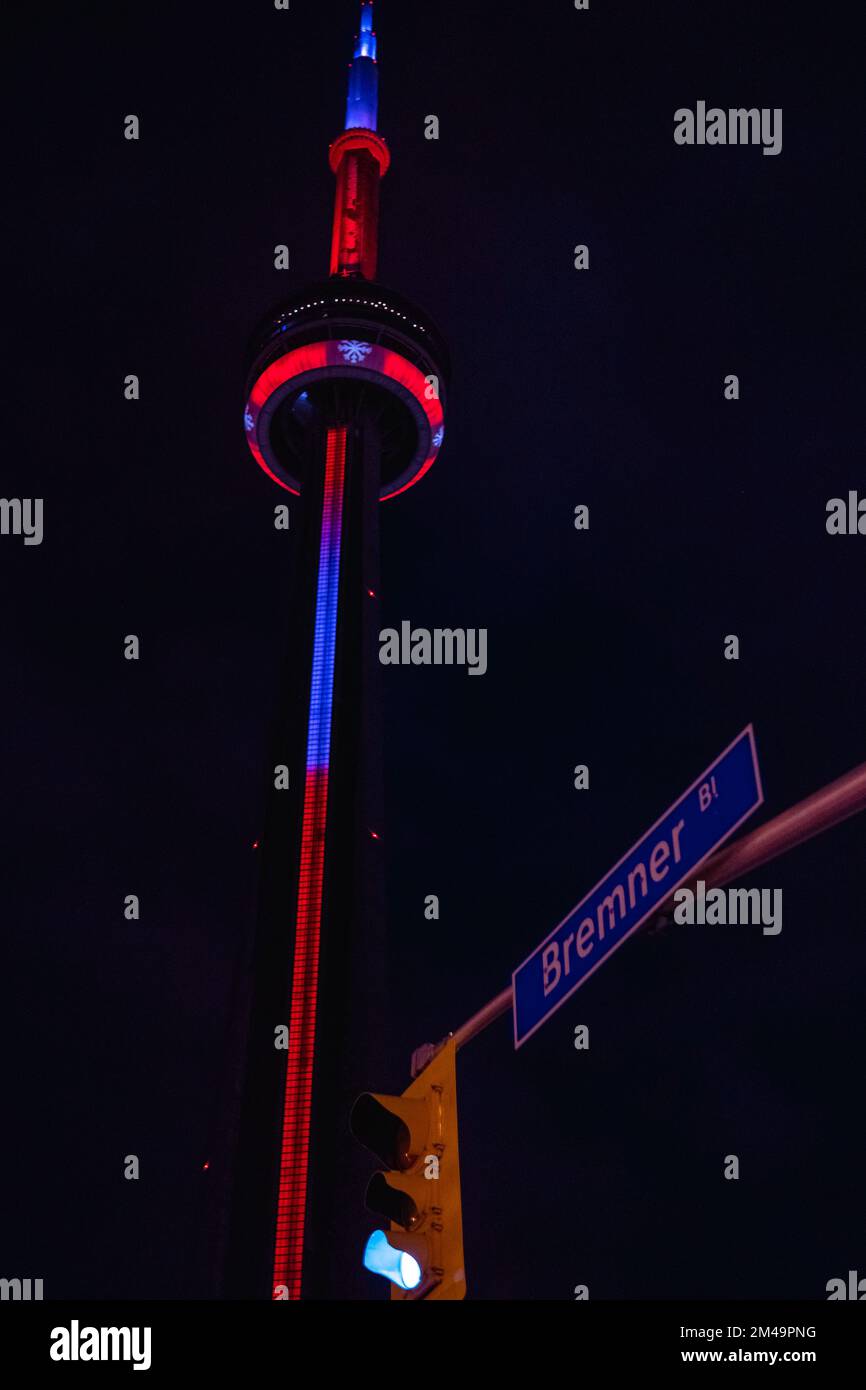 A vertical low angle of the CV tower and a Bremner street sign in ...