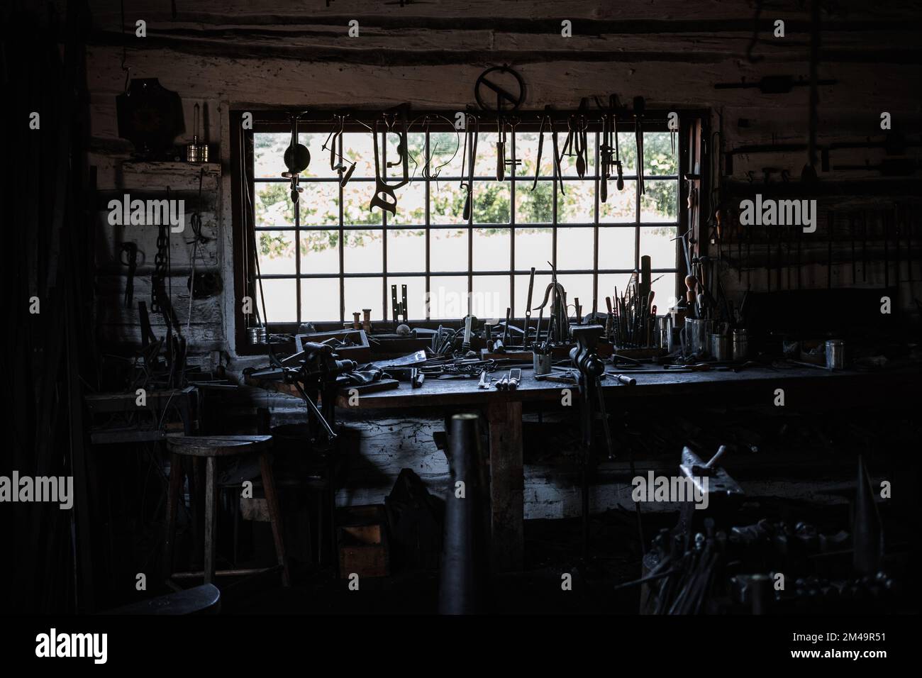 The old-fashioned metal parts and mechanisms near the window in the ...