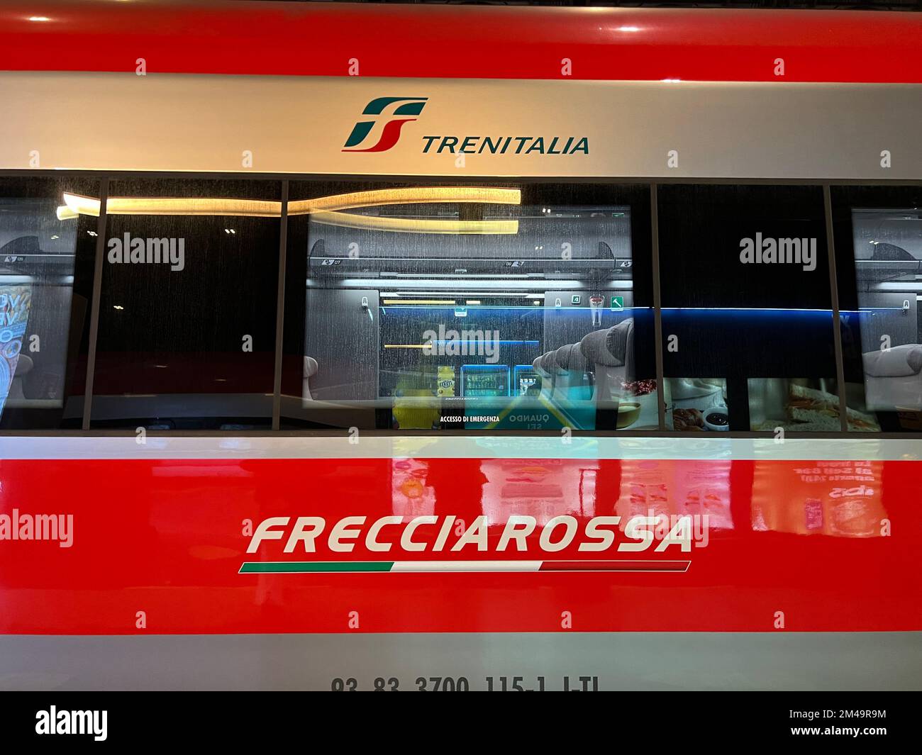 A Frecciarossa train car sits in Milano Centrale railway station in ...