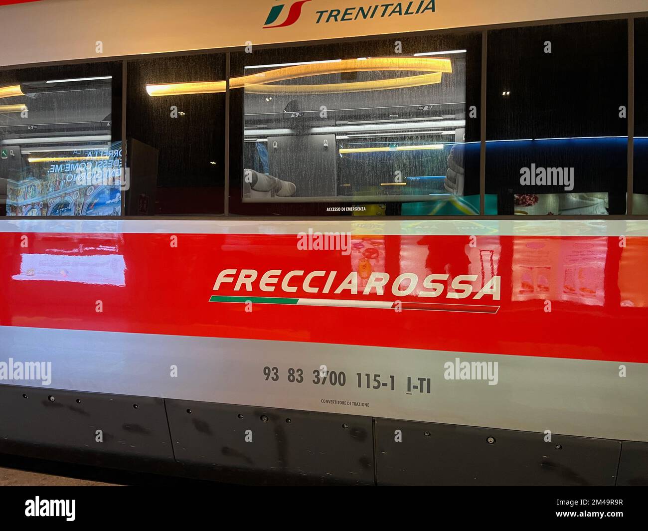 A Frecciarossa train car sits in Milano Centrale railway station in ...