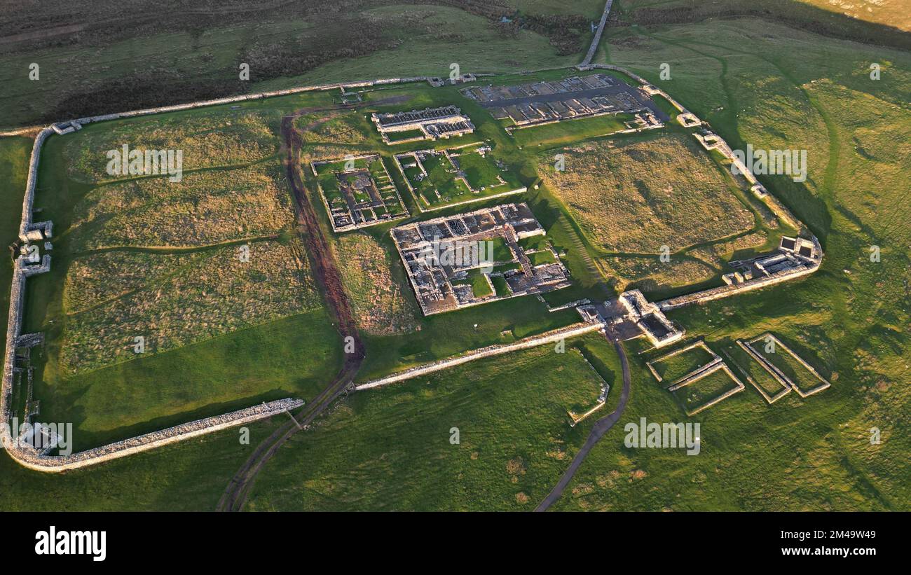 An aerial view of the remains of an auxiliary fort on Hadrian's Wall ...