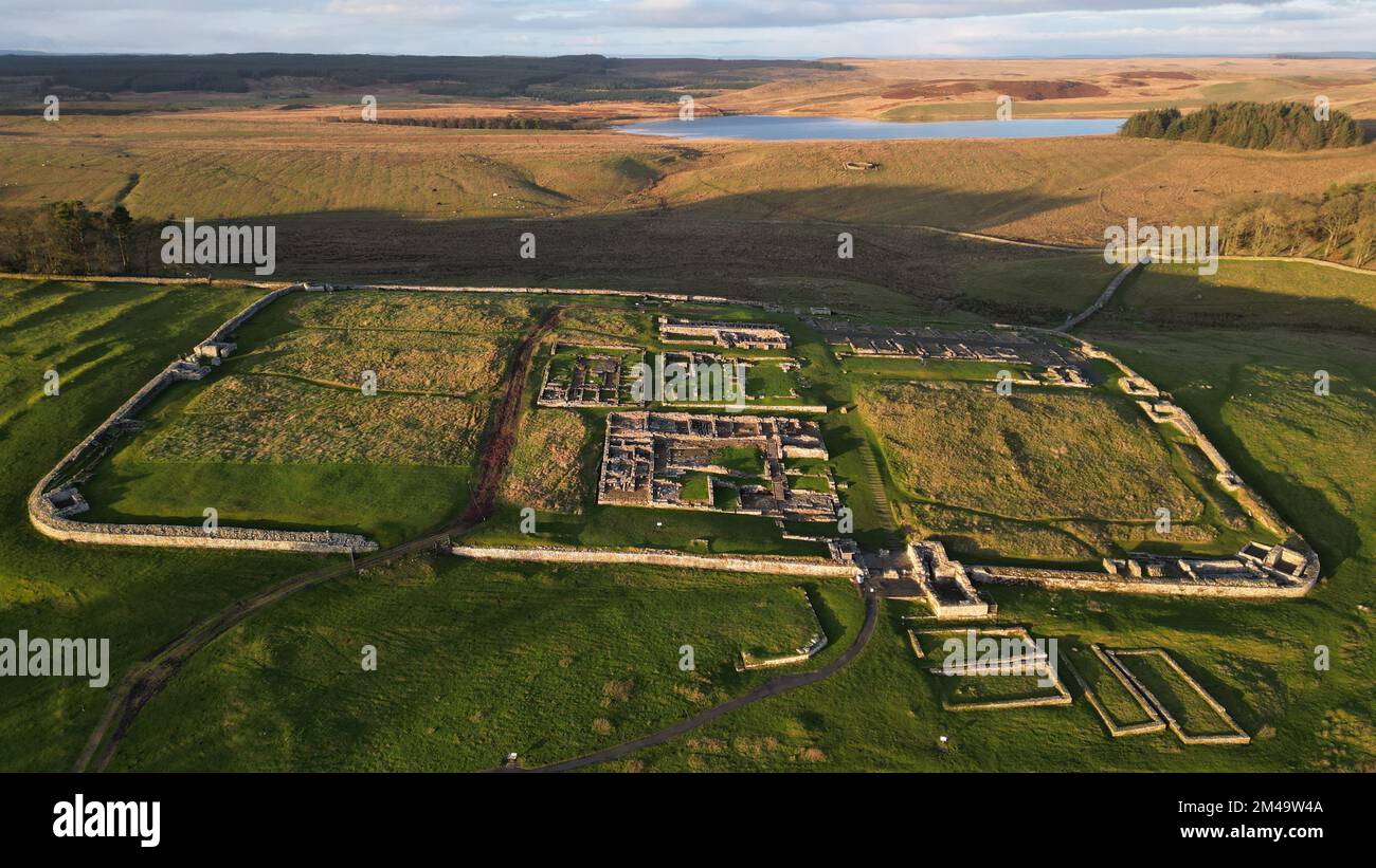 An aerial view of the remains of an auxiliary fort on Hadrian's Wall ...