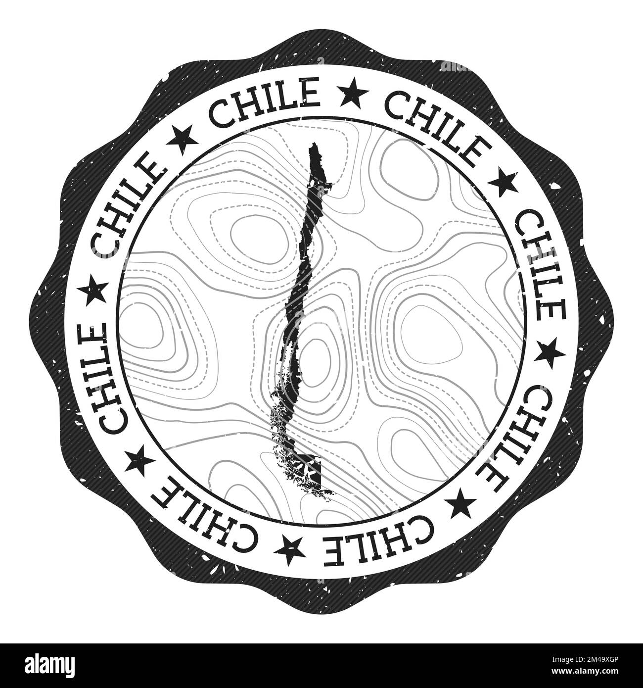 Chile outdoor stamp. Round sticker with map of country with topographic ...