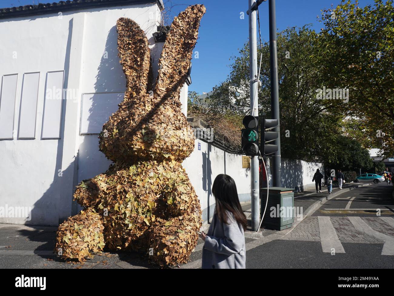 HANGZHOU, CHINA - DECEMBER 20, 2022 - People watch a giant "leaf rabbit ...