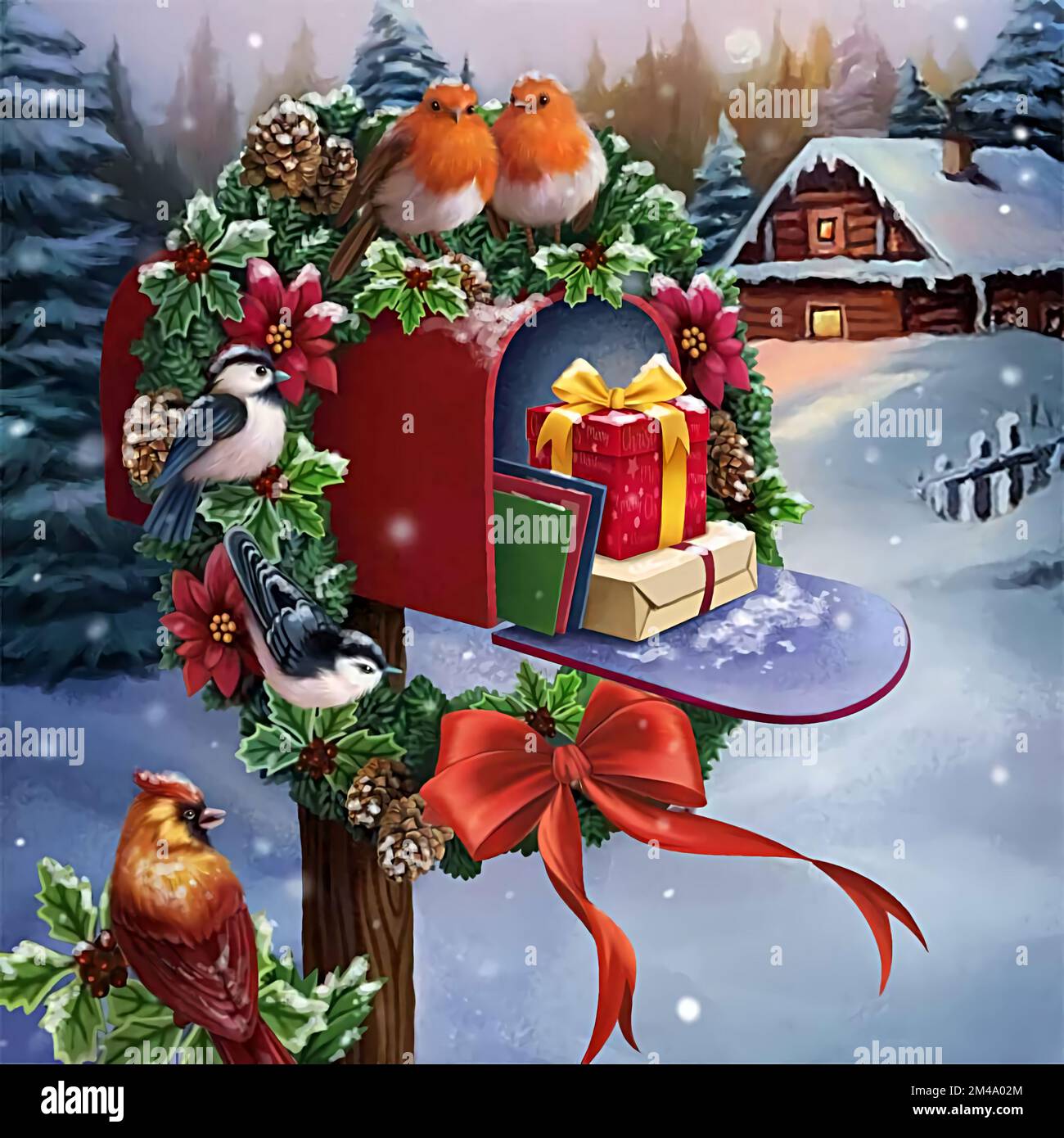 illustration of beautiful birds and christmas gifts in post box ...