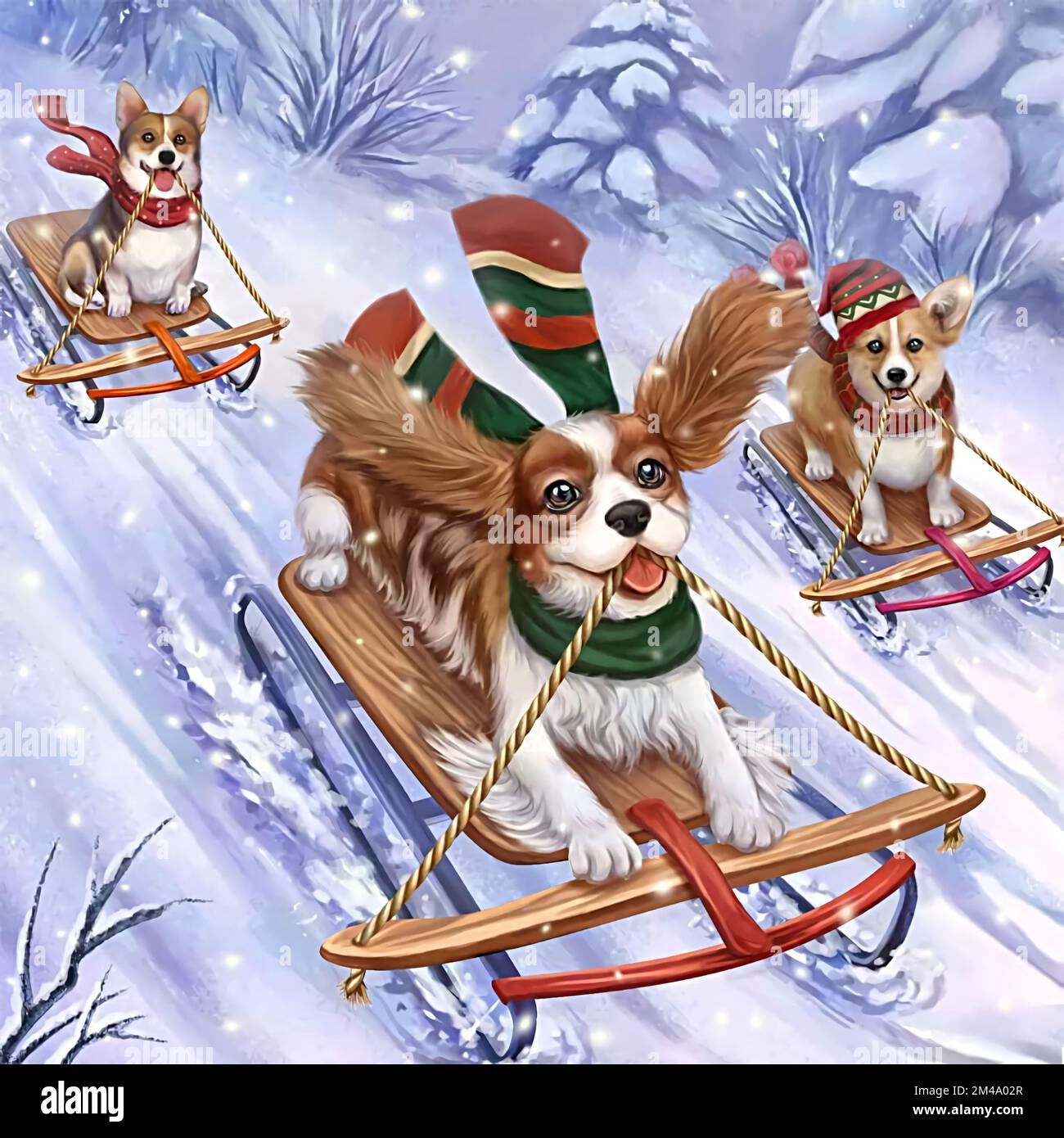 Merry Christmas, illustration of three dogs playing ice skating with a ...