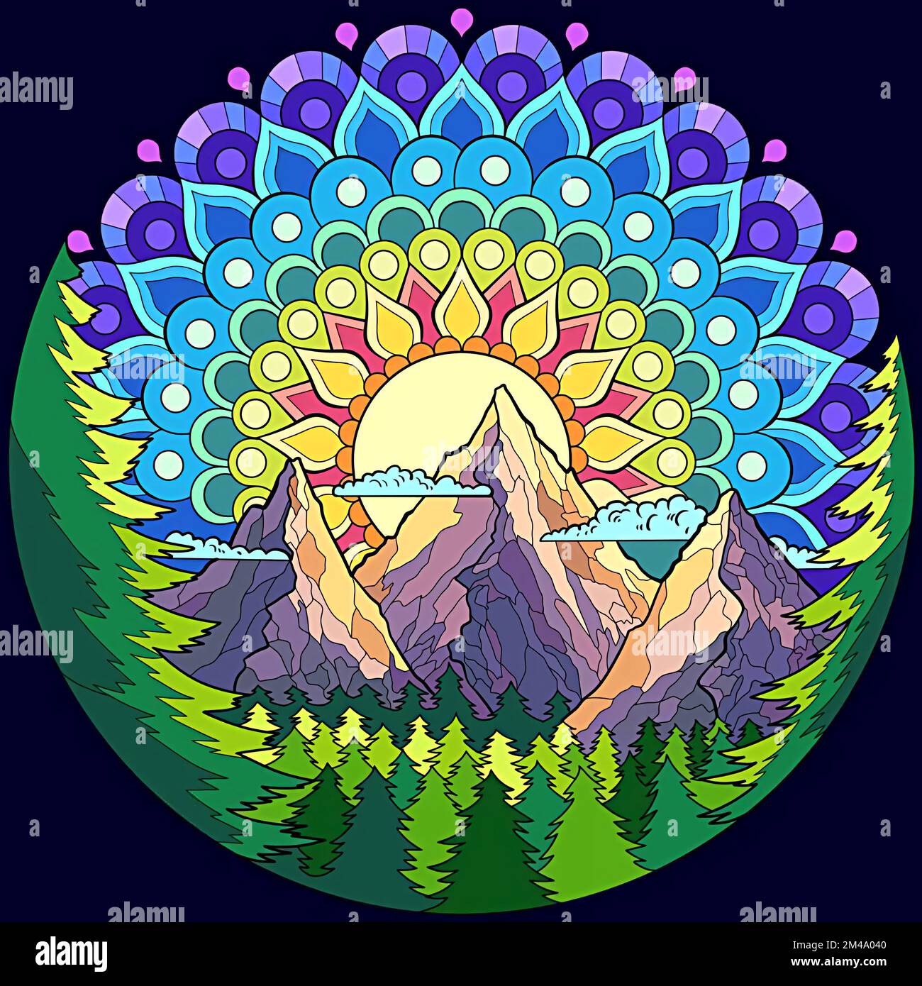 Mountain, pattern, mandala, forest, trees, illustration Stock Photo - Alamy